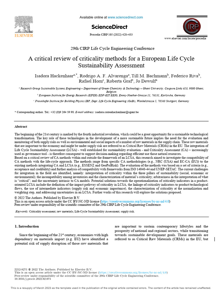 A Critical Review of Criticality Methods For A European Life C - 2022 ...