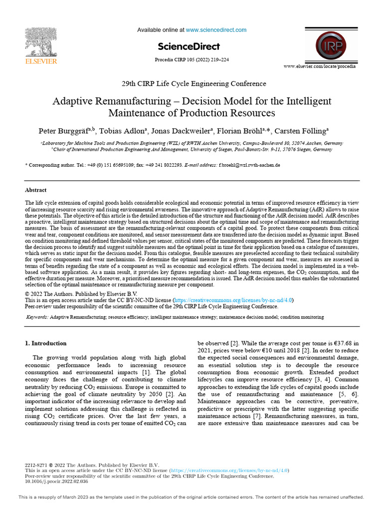 Adaptive Remanufacturing - Decision Model For The Intelligent - 2022 - Procedia | PDF | Life ...