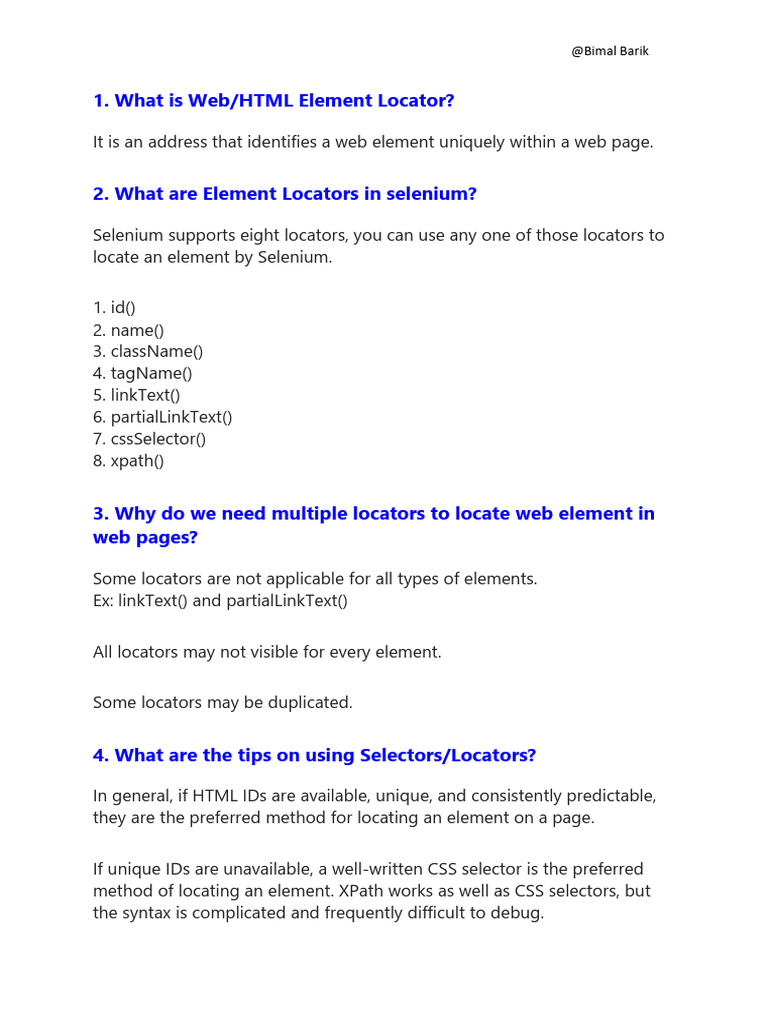 Interview Questions On Locating Elements 1706765224 | PDF | Selenium (Software) | World Wide Web