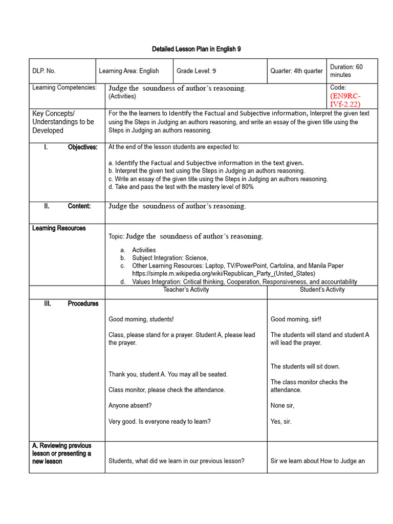 LP - G9 - Reasoning - P3 - Activities | PDF | Argument | Reason