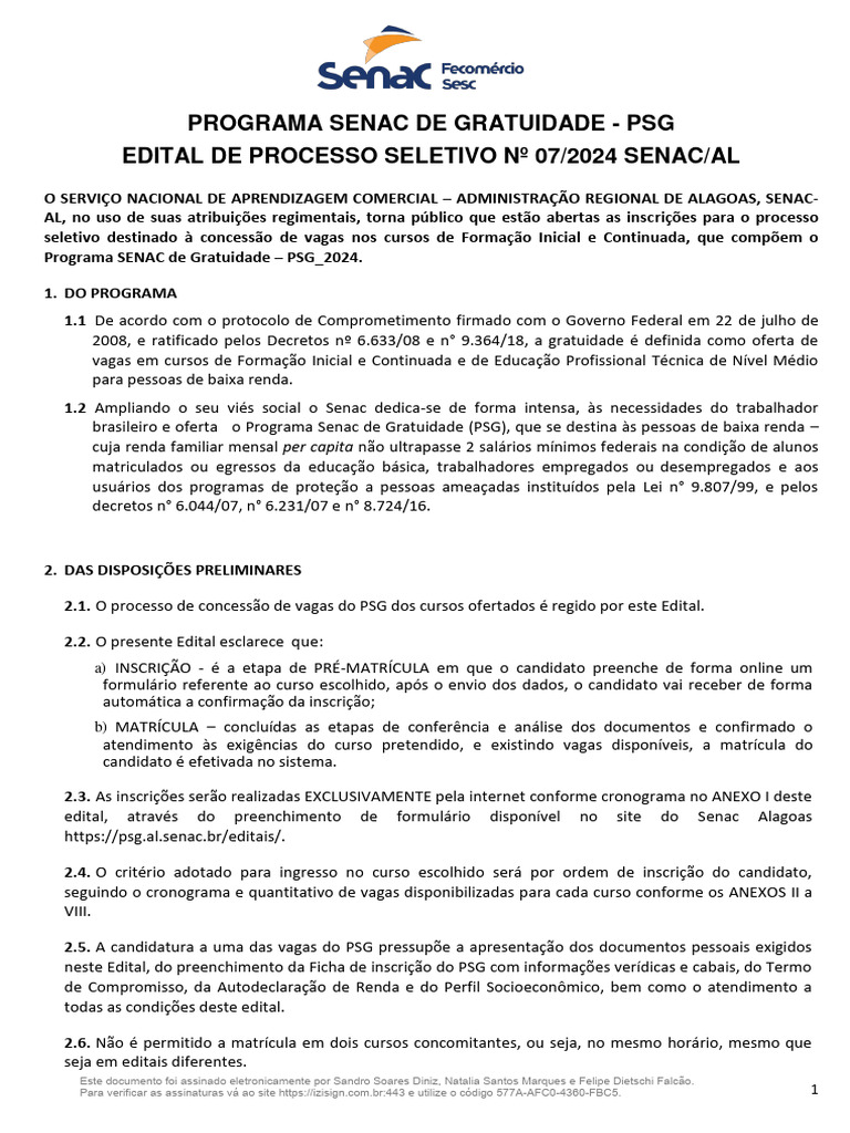 Programa Senac de Gratuidade - PSG Edital de Processo Seletivo #07/2024 ...
