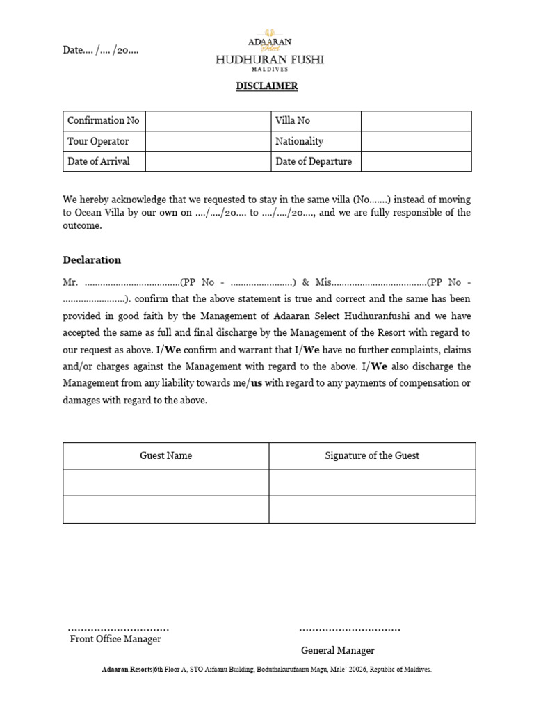 Villa Stay Acknowledgment Form | PDF