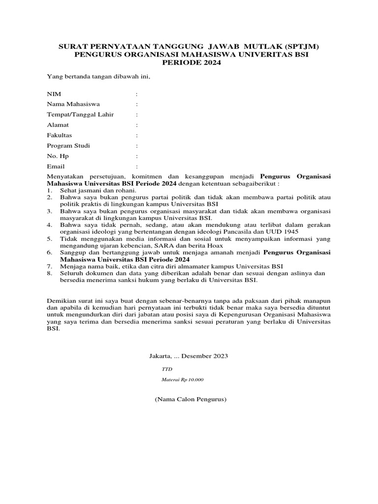SPTJM Pengurus Ormawa Periode 2024 | PDF