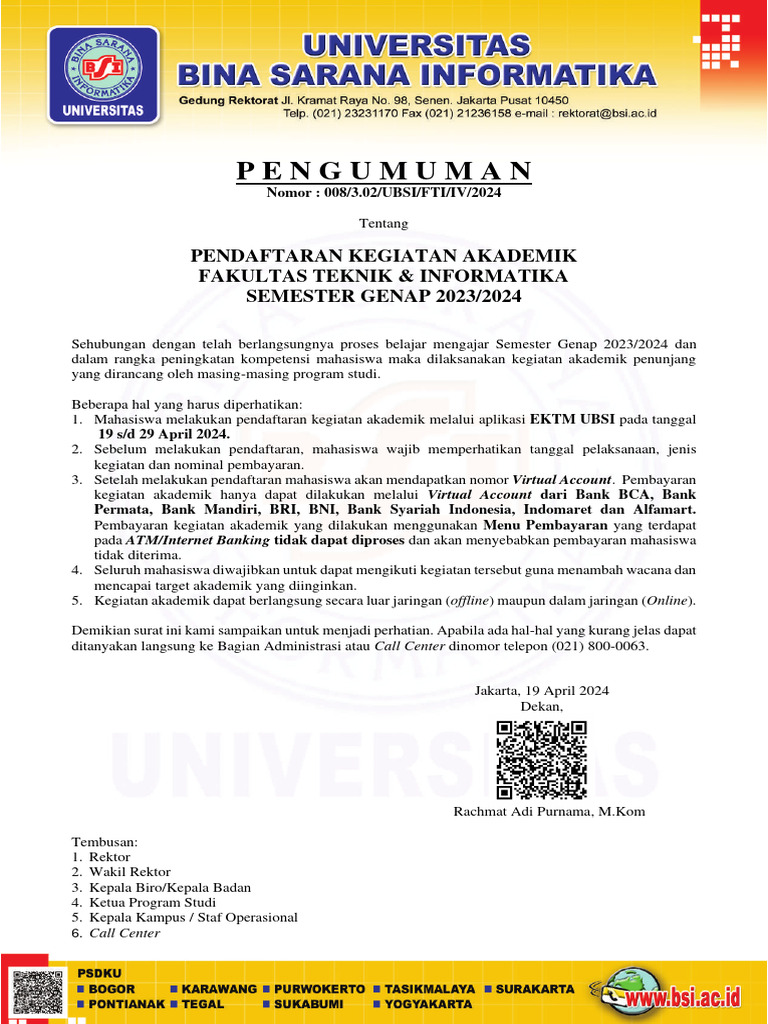 Edaran Pendaftaran Kegiatan Akademik Mahasiswa Genap 2023-2024 - FTI (19-29 April 2024) | PDF