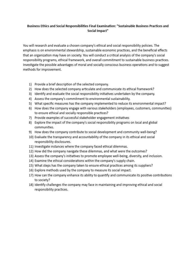 Business Ethics and Social Responsibilities Final Examination | PDF
