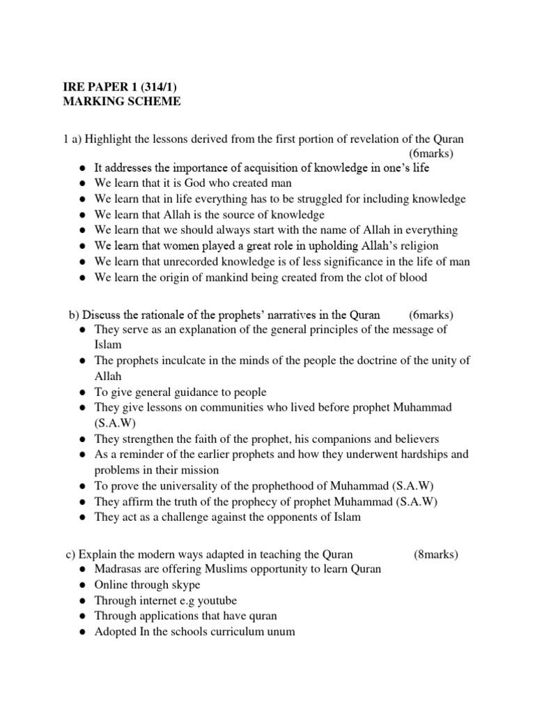 Ire Paper 1 Marking Scheme Model20012023004 | PDF | Prophets And Messengers In Islam | Hadith