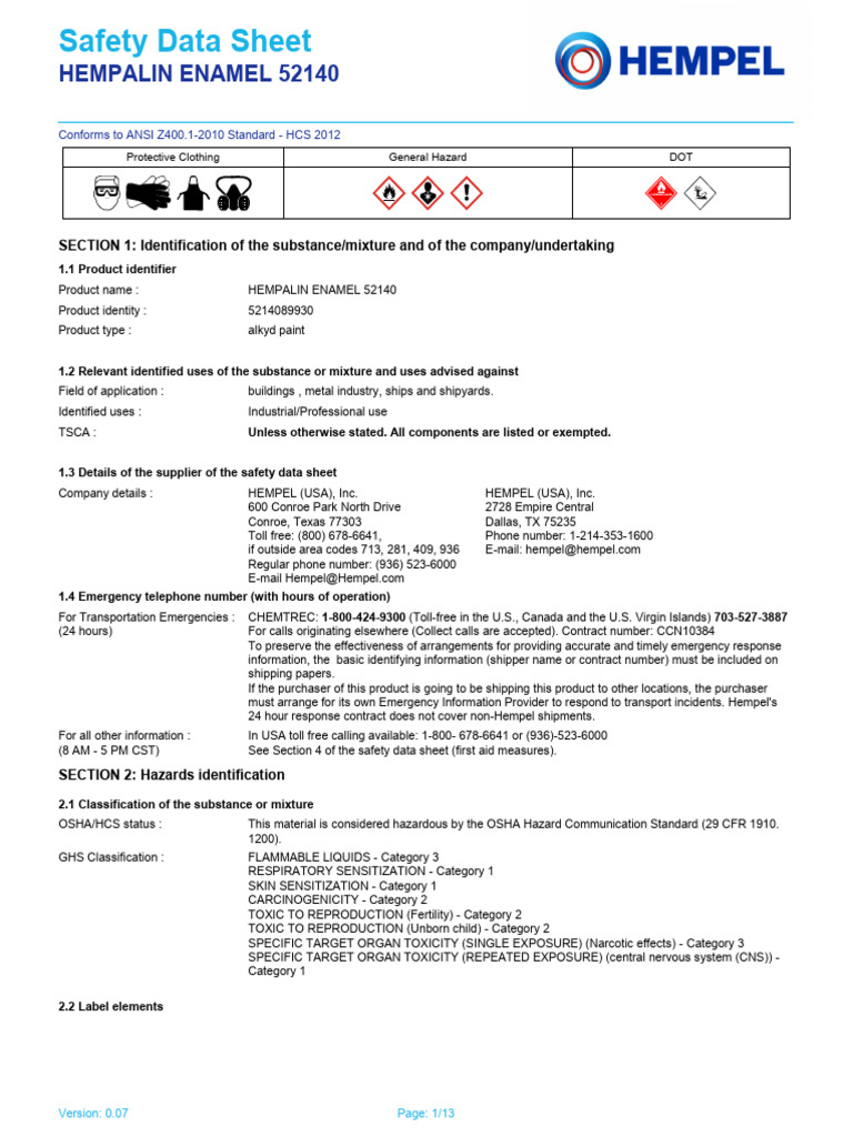 Hempelin Enamel 52140 Alkyd Paint MSDS | PDF | Waste | Toxicity