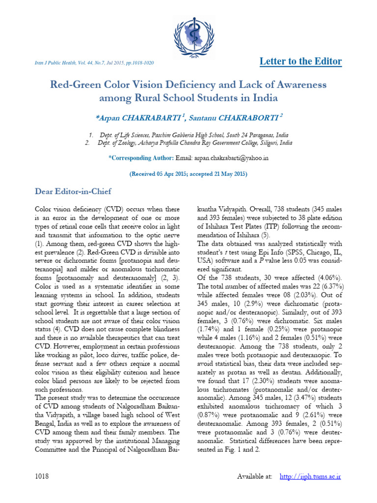 Red Green Color Vision Deficiency and Lack of Awareness in rural school india | PDF | Color ...