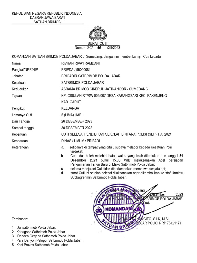 Surat Cuti Dik SBP Gel II T.A. 2023 PDF | PDF