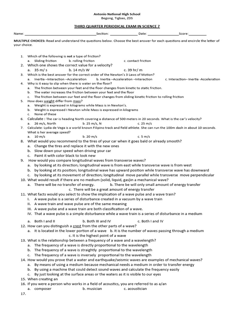 Science 7 Periodical Exam Guide | PDF | Waves | Friction