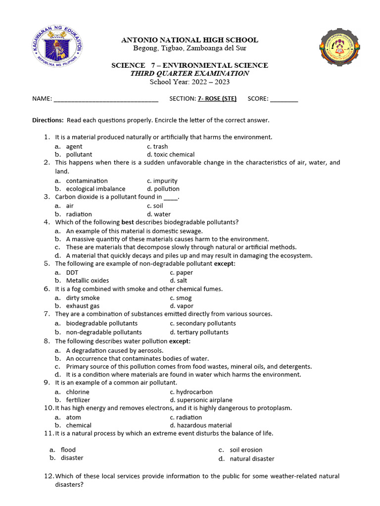 Environmental Science 7 Q3 Exam Guide | PDF | Climate Change | Natural ...