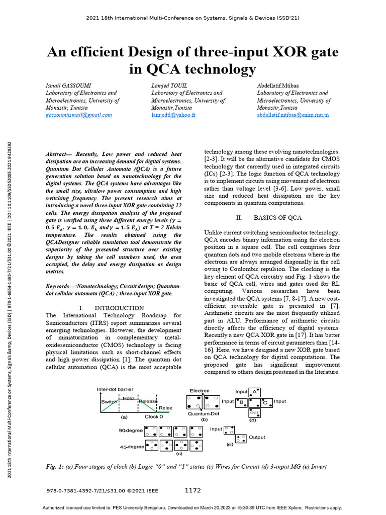 An Efficient Design of Three-Input XOR Gate in QCA Technology | PDF | Logic Gate | Electronic ...