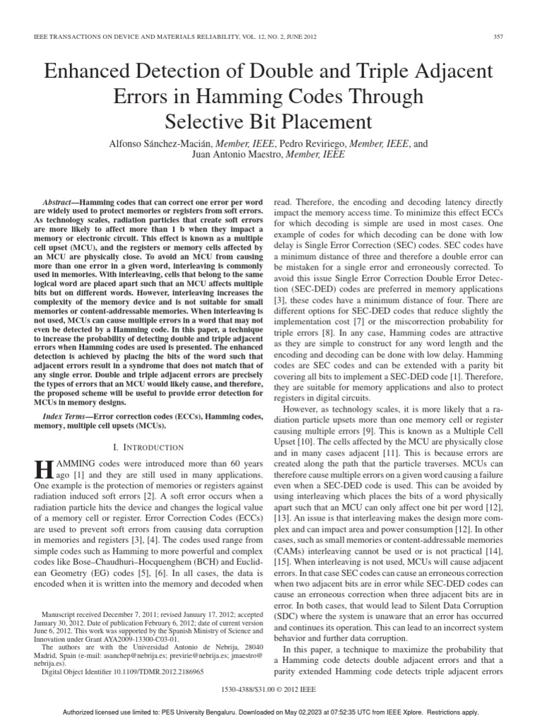 Enhanced Detection Of Double And Triple Adjacent Errors In Hamming Codes Through Selective Bit