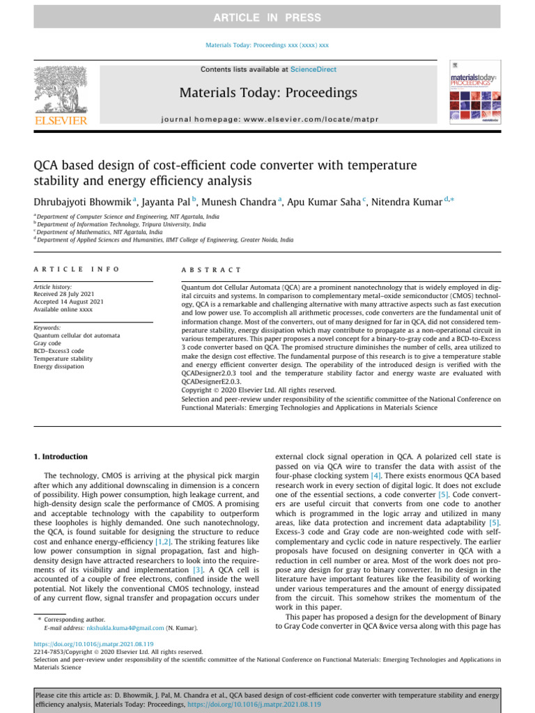 QCA Based Design of Cost-Efficient Code Converter With Temperature Stability and Energy ...