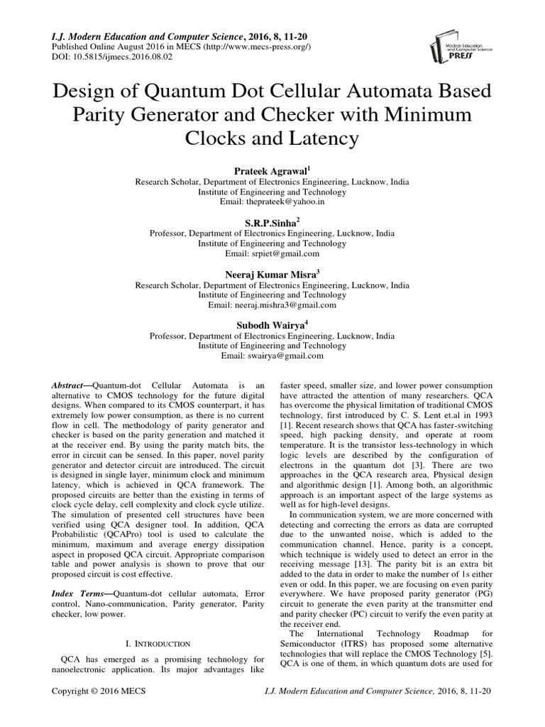 Design of Quantum Dot Cellular Automata Based Parity Generator and Checker With Minimum Clocks ...