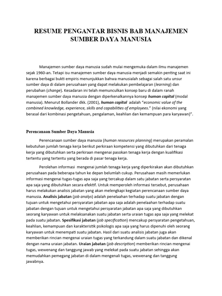 Resume Pengantar Bisnis Bab Manajemen Sumber Daya Manusia | PDF | Karier & Perkembangan | Bisnis