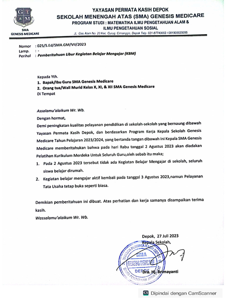 Surat Edaran Libur KBM SMA | PDF