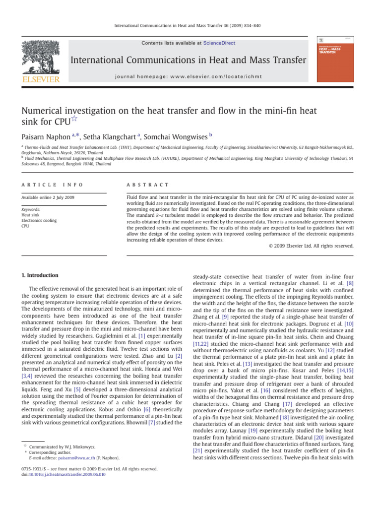 Numerical Investigation On The Heat Transfer and Flow in The Mini-Fin Heat | Download Free PDF ...