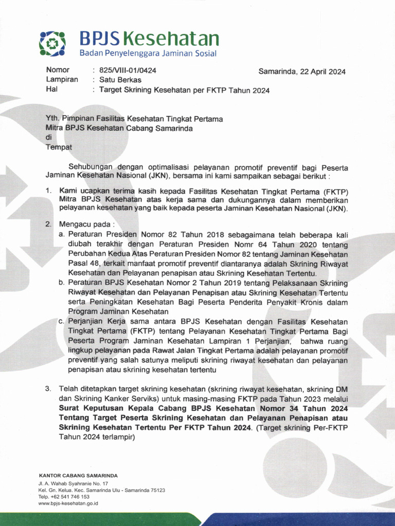 825 Surat Penyampaian Target Skrining Di FKTP Tahun 2024 | PDF