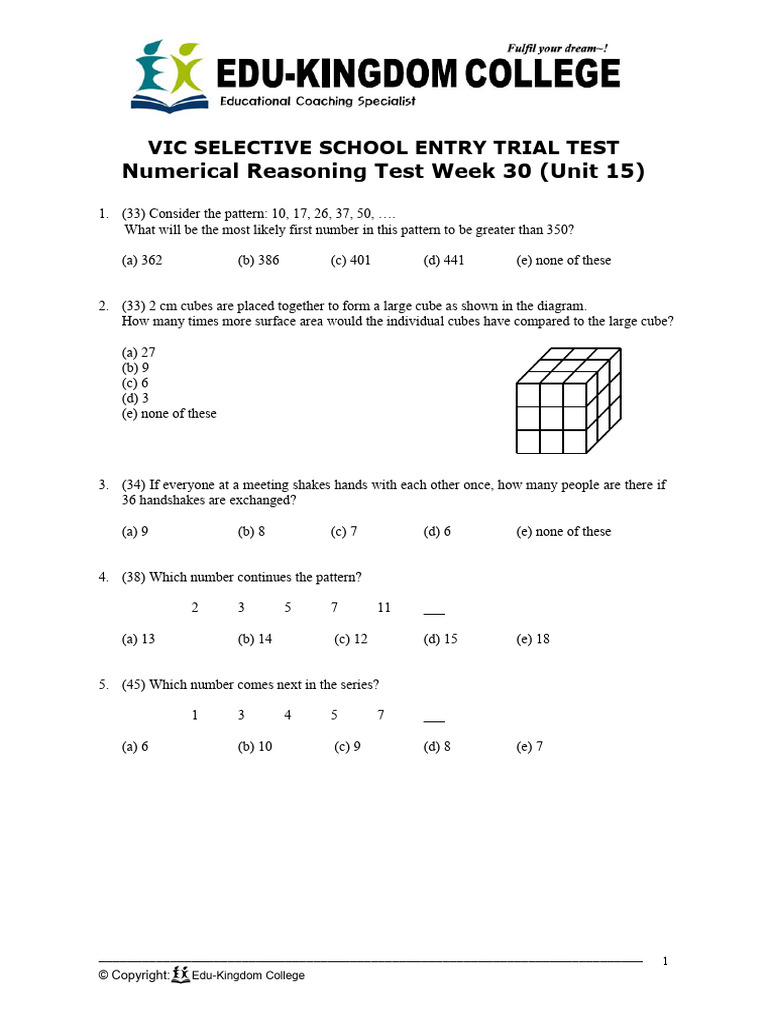 Maths Reasoning For Selective Schools | PDF