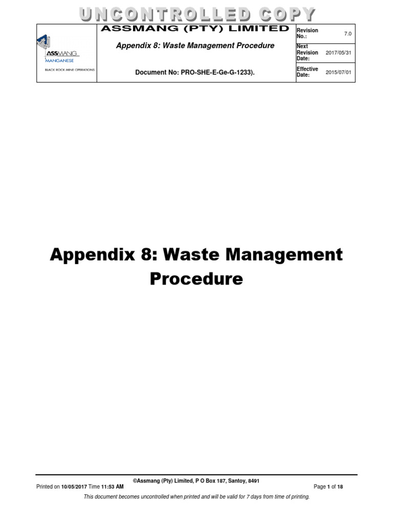 Appendix 8 Waste Management Procedure | PDF | Waste | Waste Management