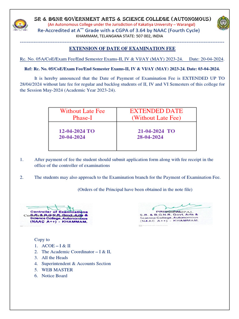 Date of Extension (28-04-2024) For The Payment of Examination Fee | PDF