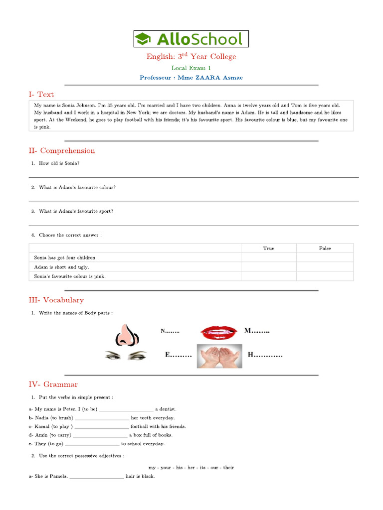 English 3rd Year College Local Exam 1 2 | PDF