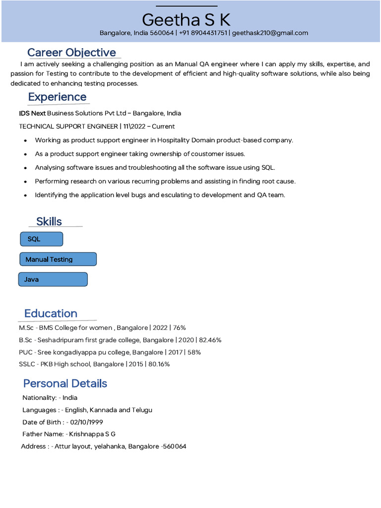 Manual QA Engineer Resume - Geetha S K | PDF | Career & Growth | Business