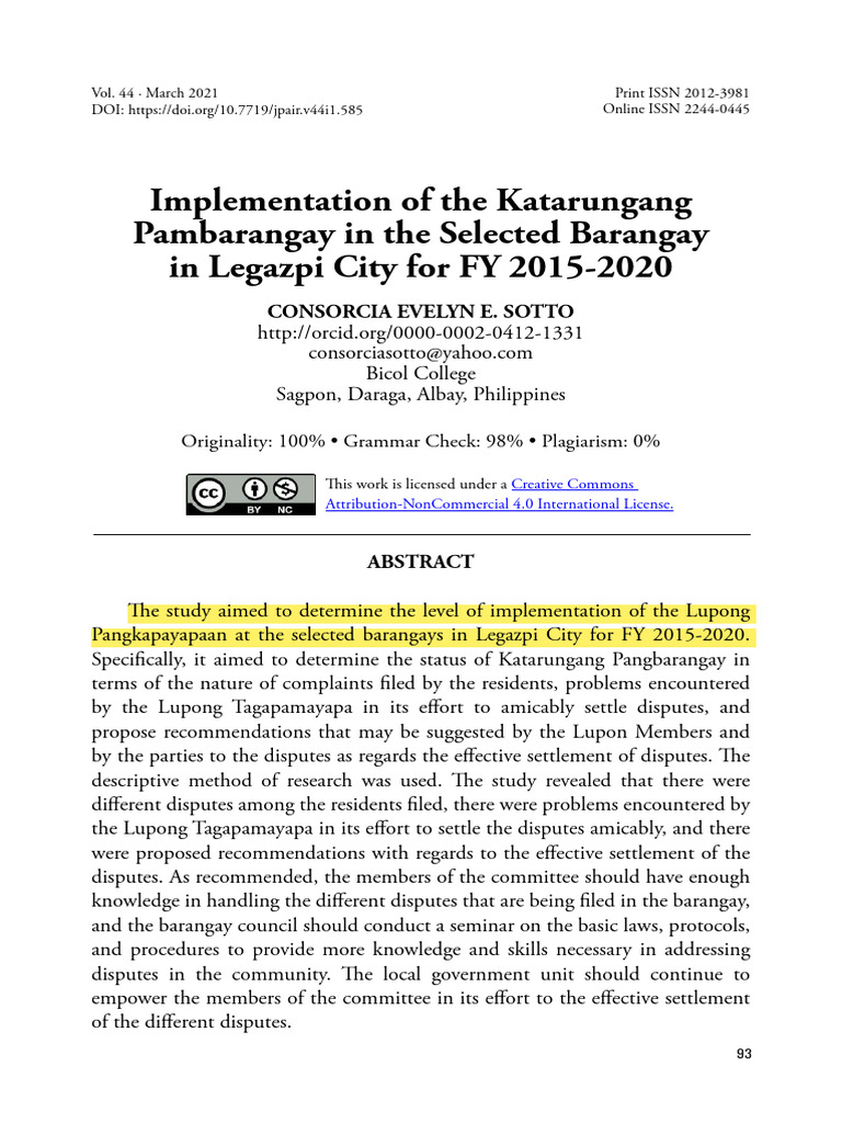 Mplementation of The Katarungang Pambarangay in The Selected Barangay in Legazpi City For FY ...