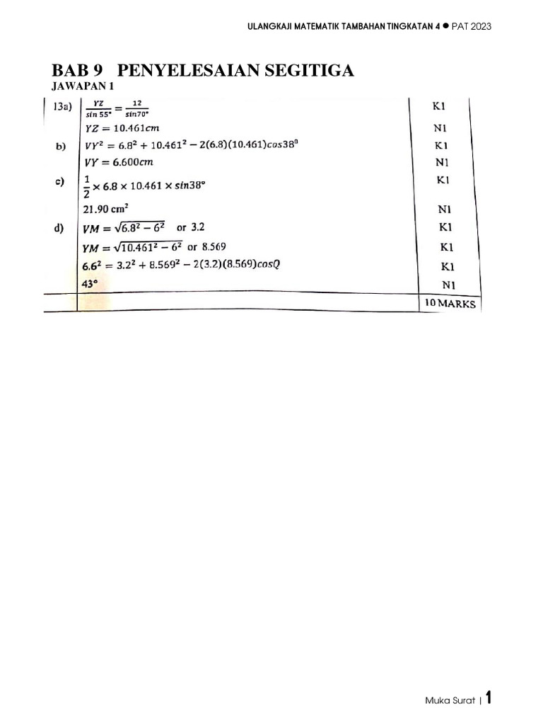 Ulangkaji Matematik Tambahan Tingkatan 4 Bab 9 Penyelesaian Segitiga Jawapan | PDF