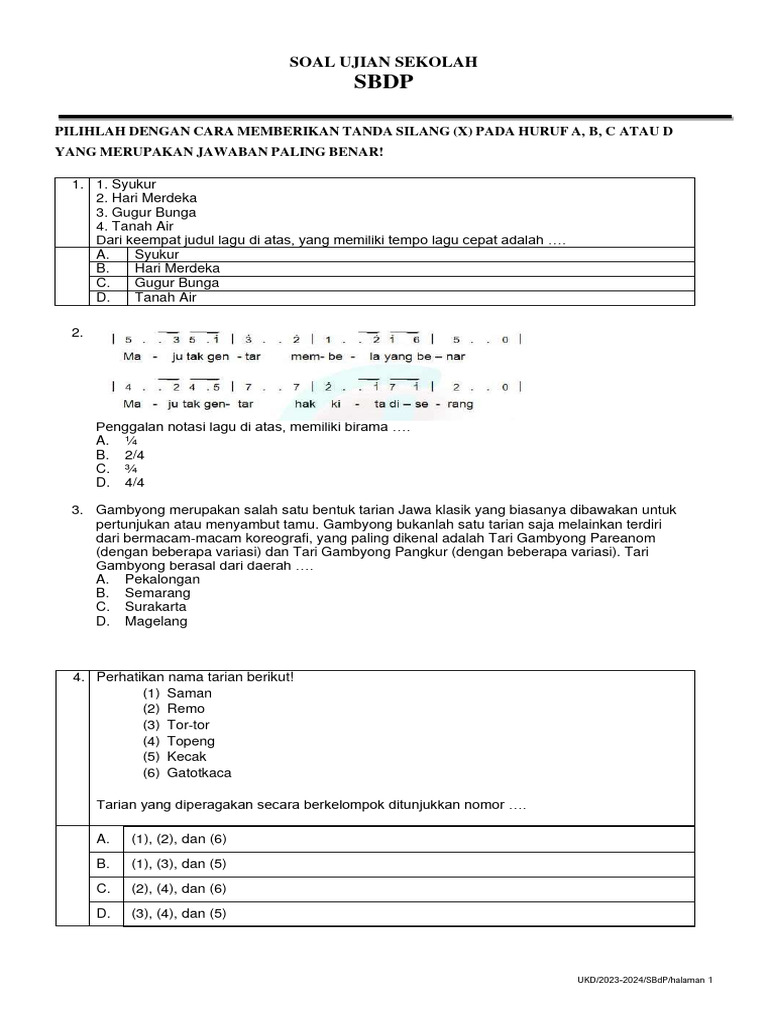 Latihan Soal SBDP | PDF | Seni & Disiplin Bahasa | Kajian Bahasa Asing