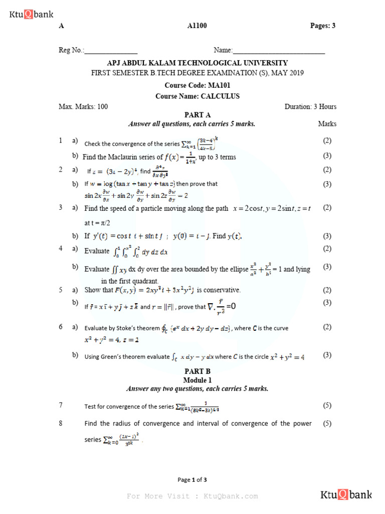 14 - MA101 - Calculus - May 2019 Supple - Ktu Qbank | PDF | Divergence | Geometry