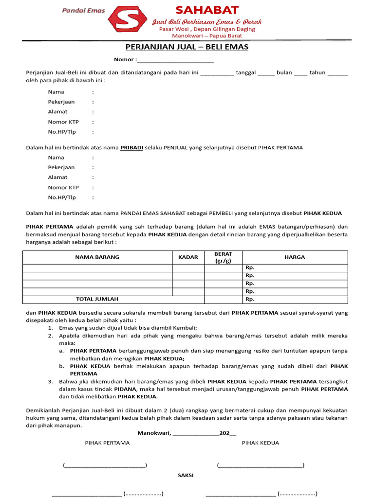 PERJANJIAN JUAL BELI EMAS BPK | PDF