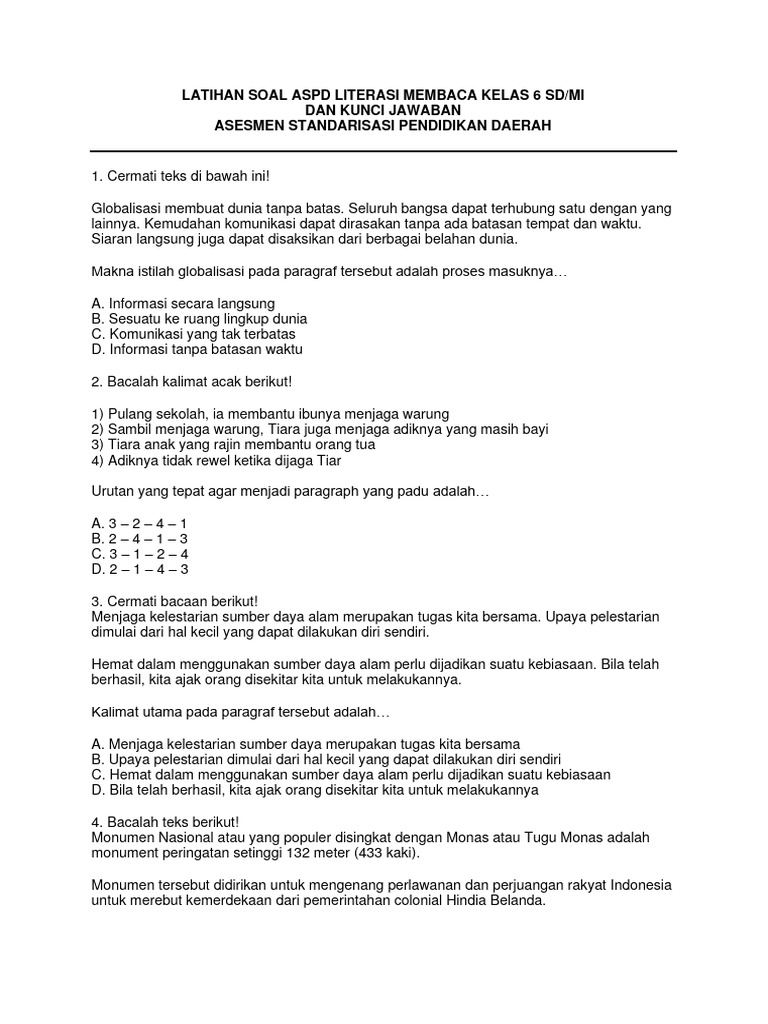 Soal ASPD Literasi Membaca Kelas 6 Dan Kunci Jawaban - Masagipedia | PDF Soal ASPD Literasi Membaca Kelas 6 Dan Kunci Jawaban - Masagipedia | PDF