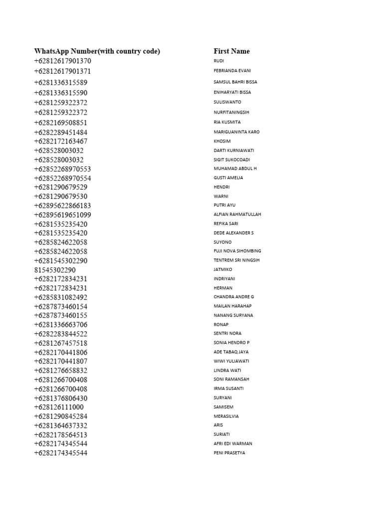 WhatsApp Contact List Template | PDF