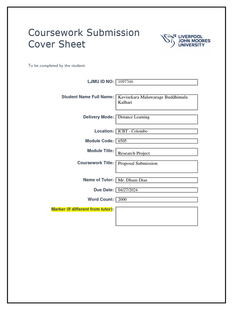 Coursework Submission Cover Sheet: To Be Completed by The Student | PDF ...