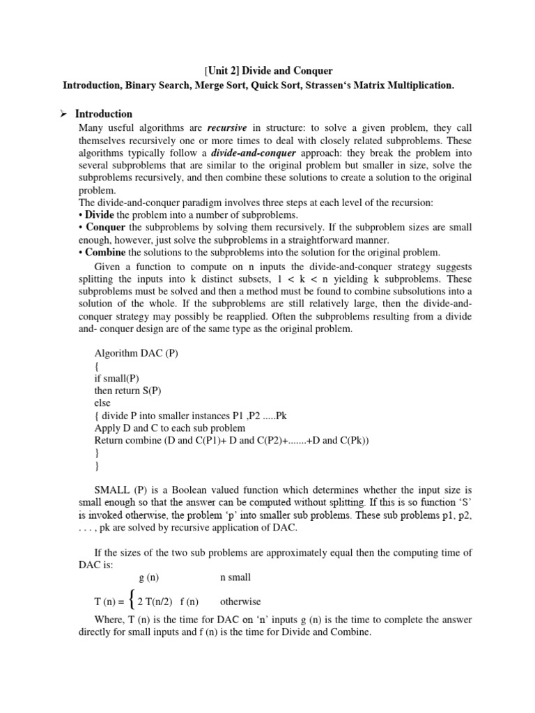 Divide And Conquer Design And Analysis Of Algorithm Pdf Mathematical Logic Algorithms