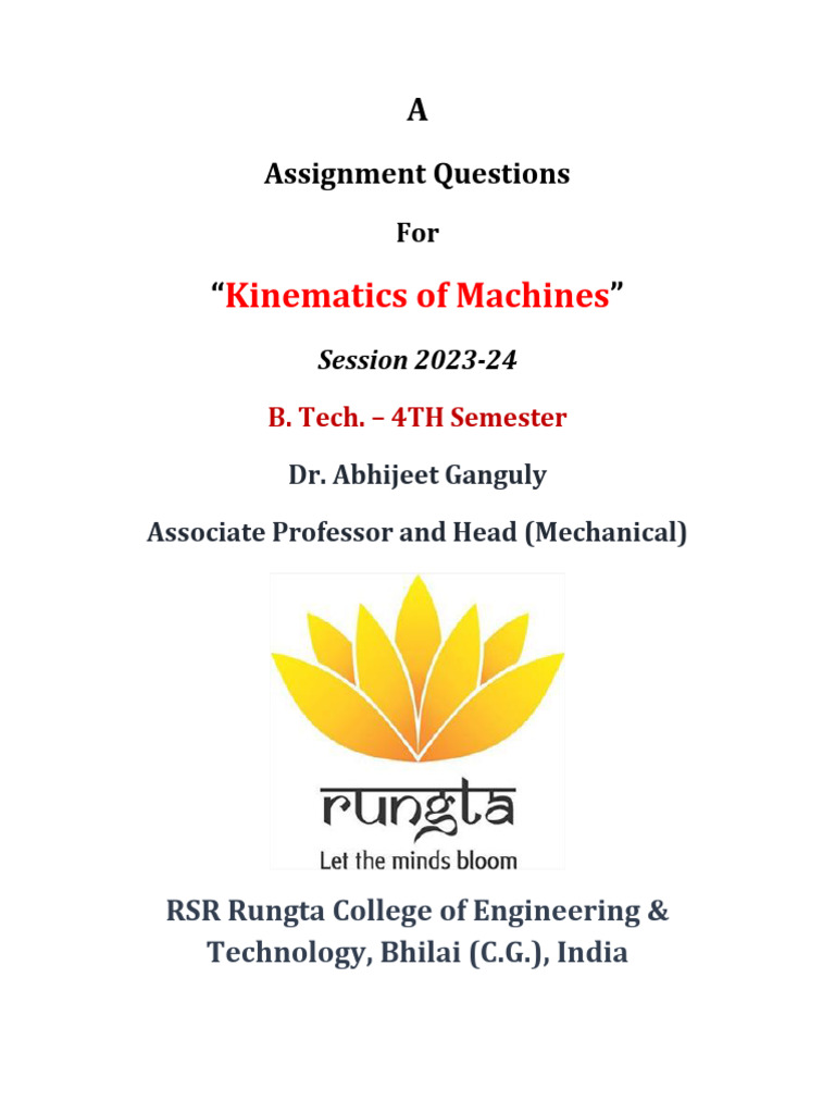 Assignment Questions Kinematics of Machines BTech 4th | PDF | Gear | Acceleration