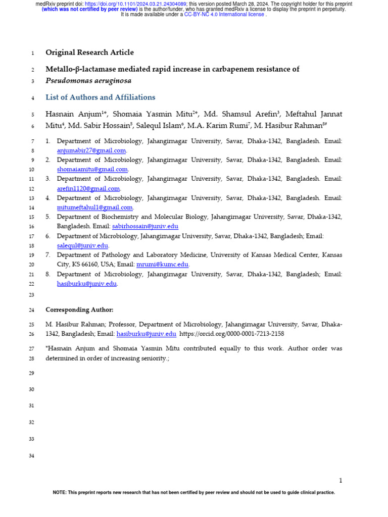 Anjum et al.,2024 | PDF | Beta Lactamase | Pseudomonas Aeruginosa