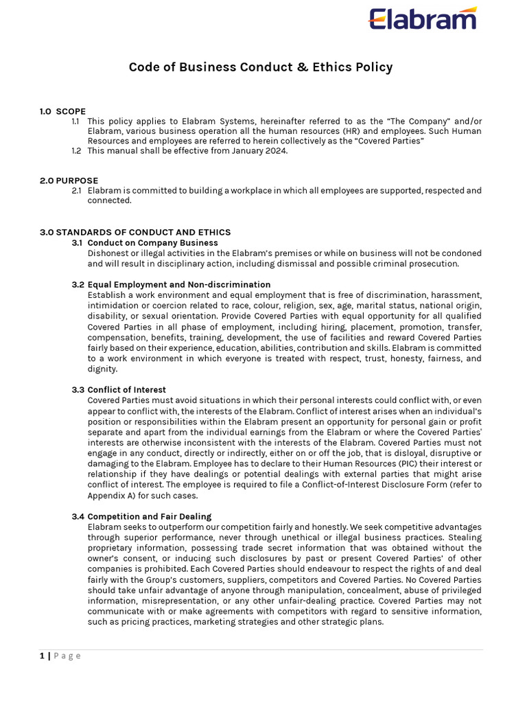 Code of Business Conduct & Ethics Policy | PDF | Bribery | Safety