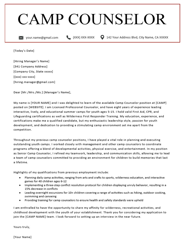 Camp Counselor Cover Letter Template | PDF | Résumé