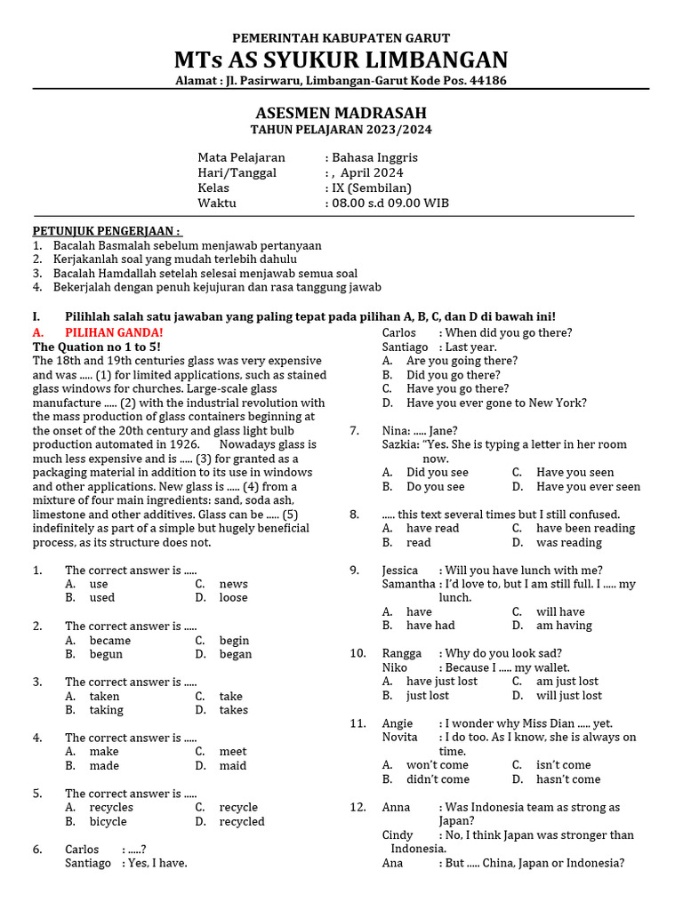 AM Bhs Inggris IX MTS AS SYUKUR2024 | PDF | Grammar | Language Mechanics