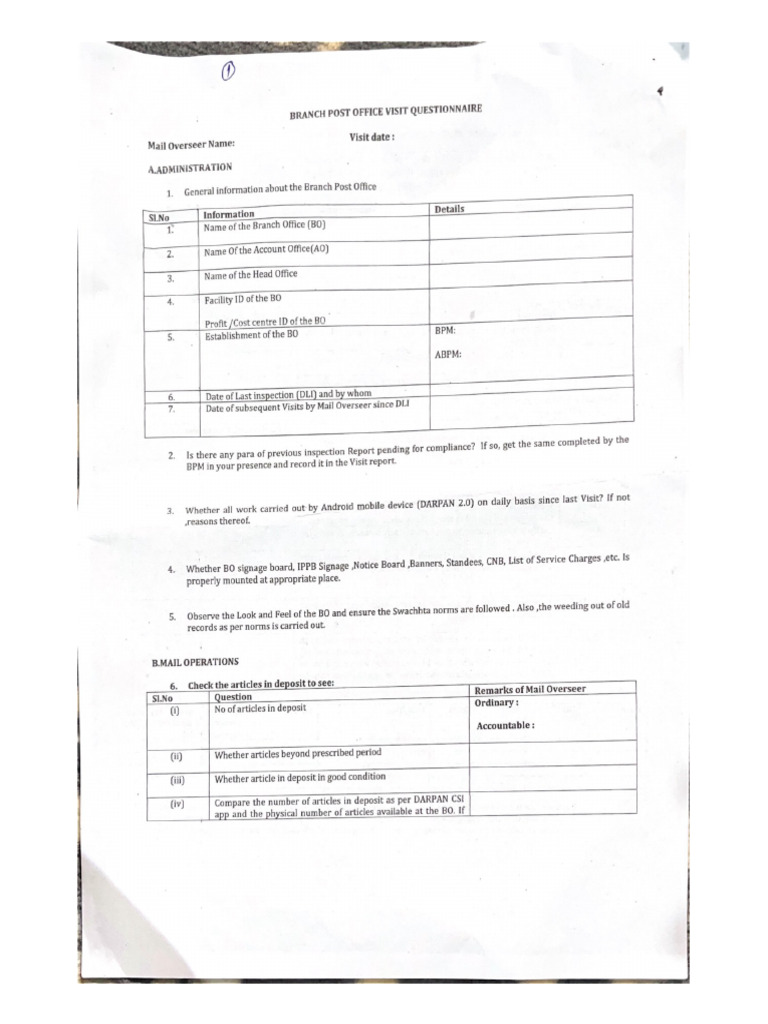 Branch Post Office Visit Questionnaire | PDF