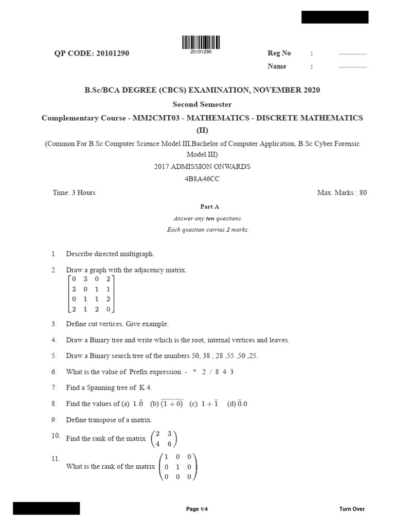 BSC Bca 2 Sem Mathematics Discrete Mathematics 2 20101290 Nov 2020 | PDF | Vertex (Graph Theory ...
