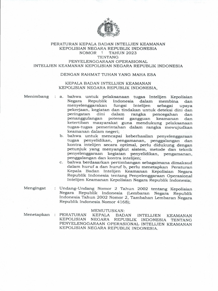 Perkabik Polri No 1 TH 2023 TTG Penyelenggaraan Operasional Intelkam ...