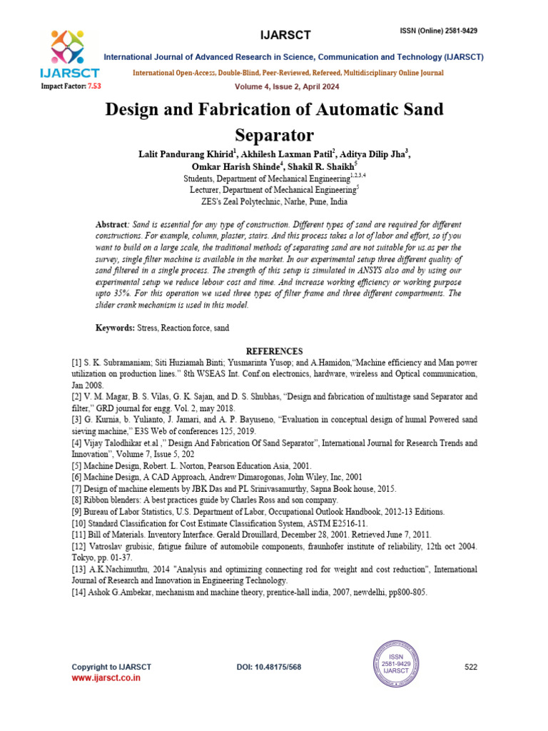 Design and Fabrication of Automatic Sand Separator: Ijarsct | Download ...