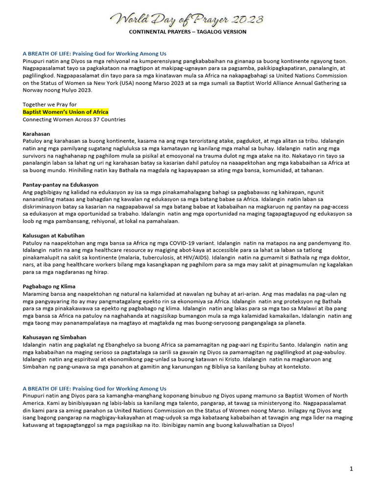 Continental Prayers Tagalog Final | PDF