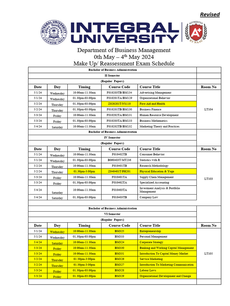 Department of Business Management - Make-Up Schedule-1 | PDF ...