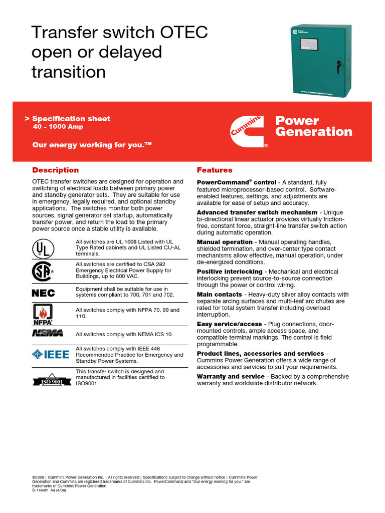 Transfer Switch OTEC Open or Delayed Transition: Description Features ...