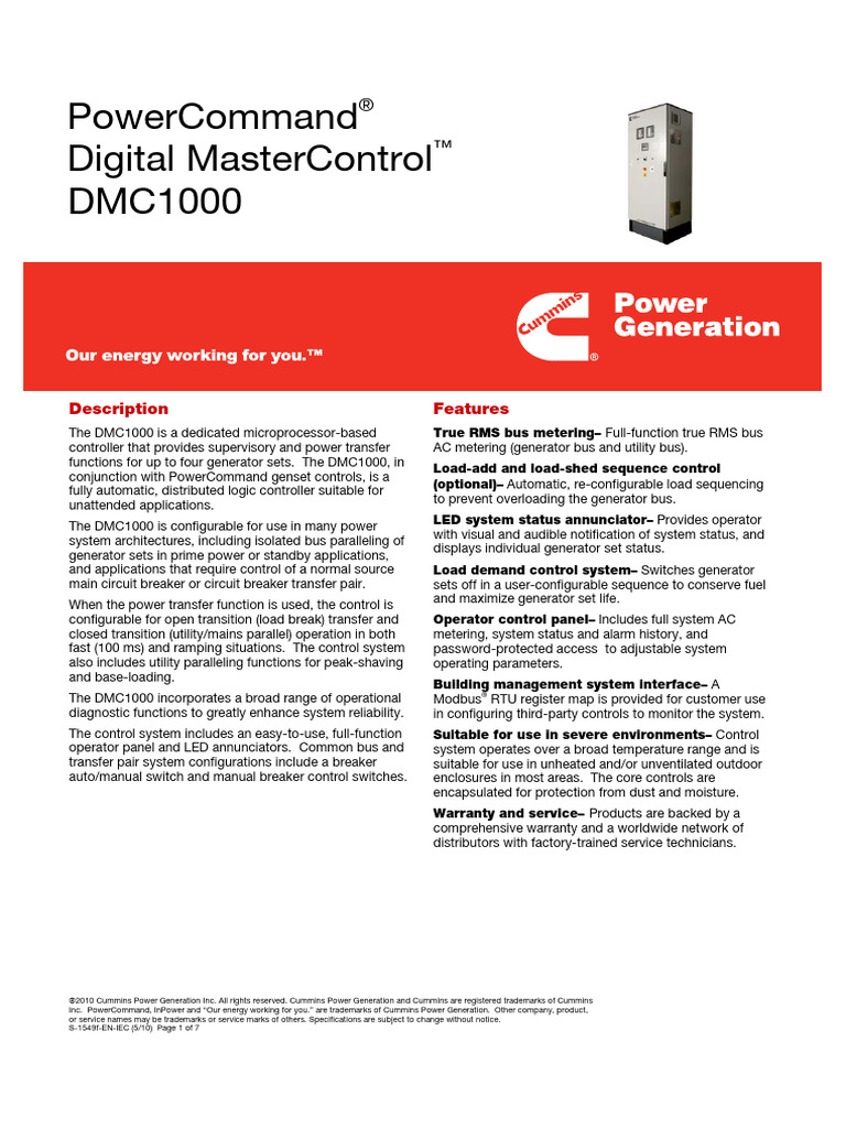 Powercommand Digital Mastercontrol Dmc1000: Description Features | PDF | Relay | Fuse (Electrical)